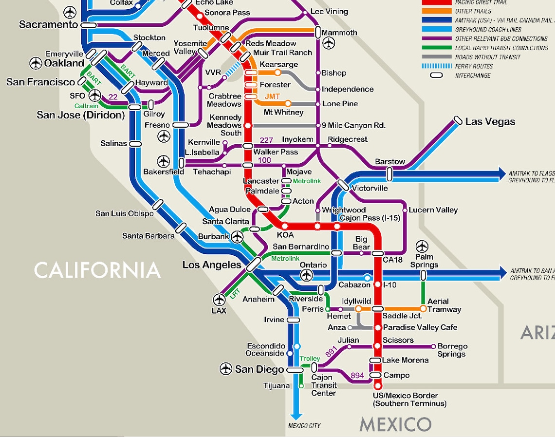 Pacific Crest Trail PCT Conceptual Transit Map - 30x18 Large Canvas ...