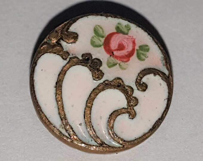 1 French White Champlevé Enamel Button on Brass With a Pink Rose Design ...