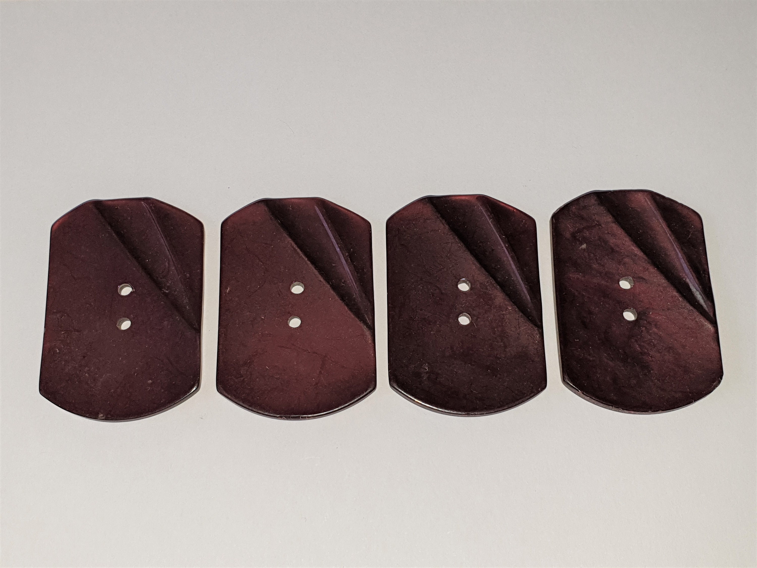 4 Large Art Deco Lozenge Shaped Buttons. Deep Red With Grooves to One ...