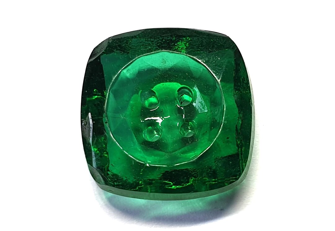 Art Deco Square Translucent Emerald Green Glass Button. Deeply Indented ...
