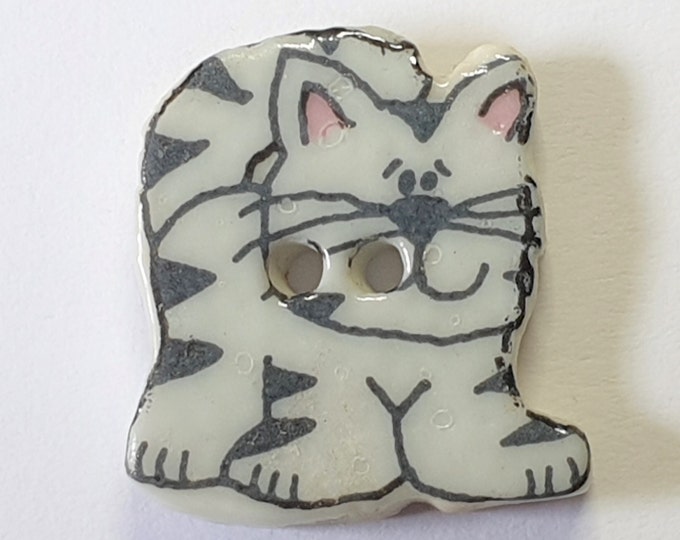 1 Grey and Black Studio Ceramic Cat Button. Circa 1980s. 2 Sewing Holes ...