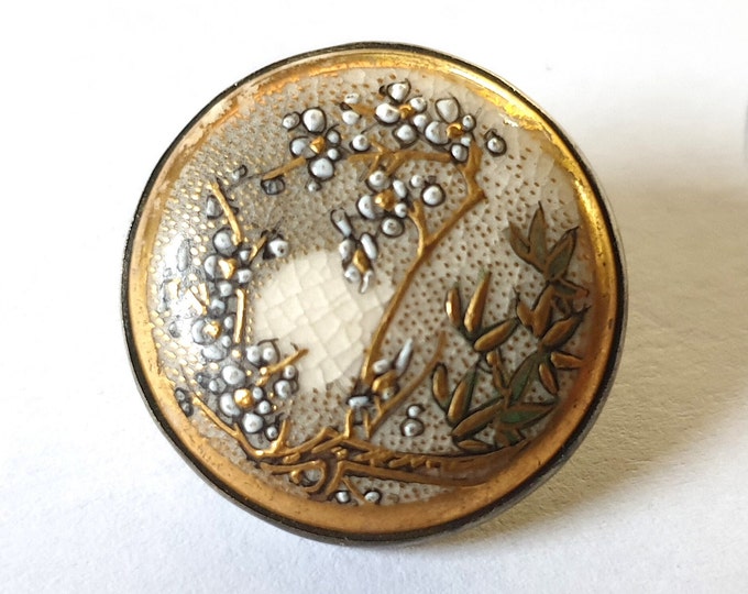 1 1880s Japanese Satsuma Ceramic Button Encased in Silver Metal. Metal ...