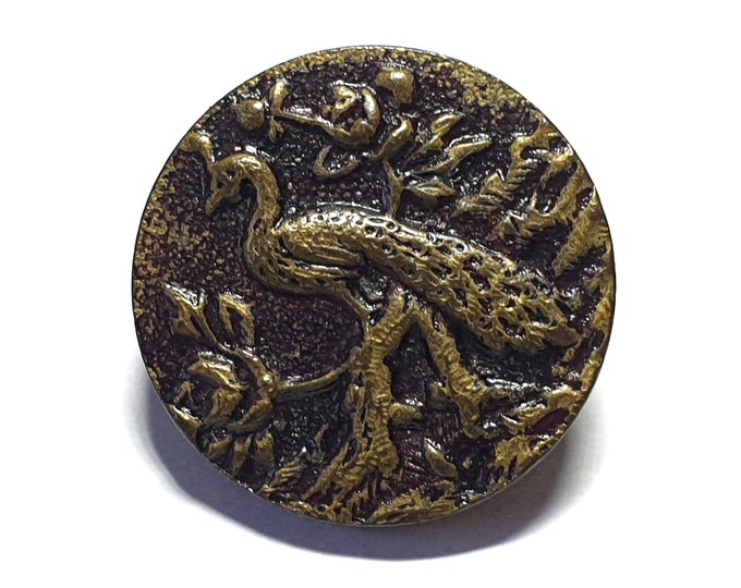 1800s Seamed French Brass Button With Raised Image of a Peacock on a ...