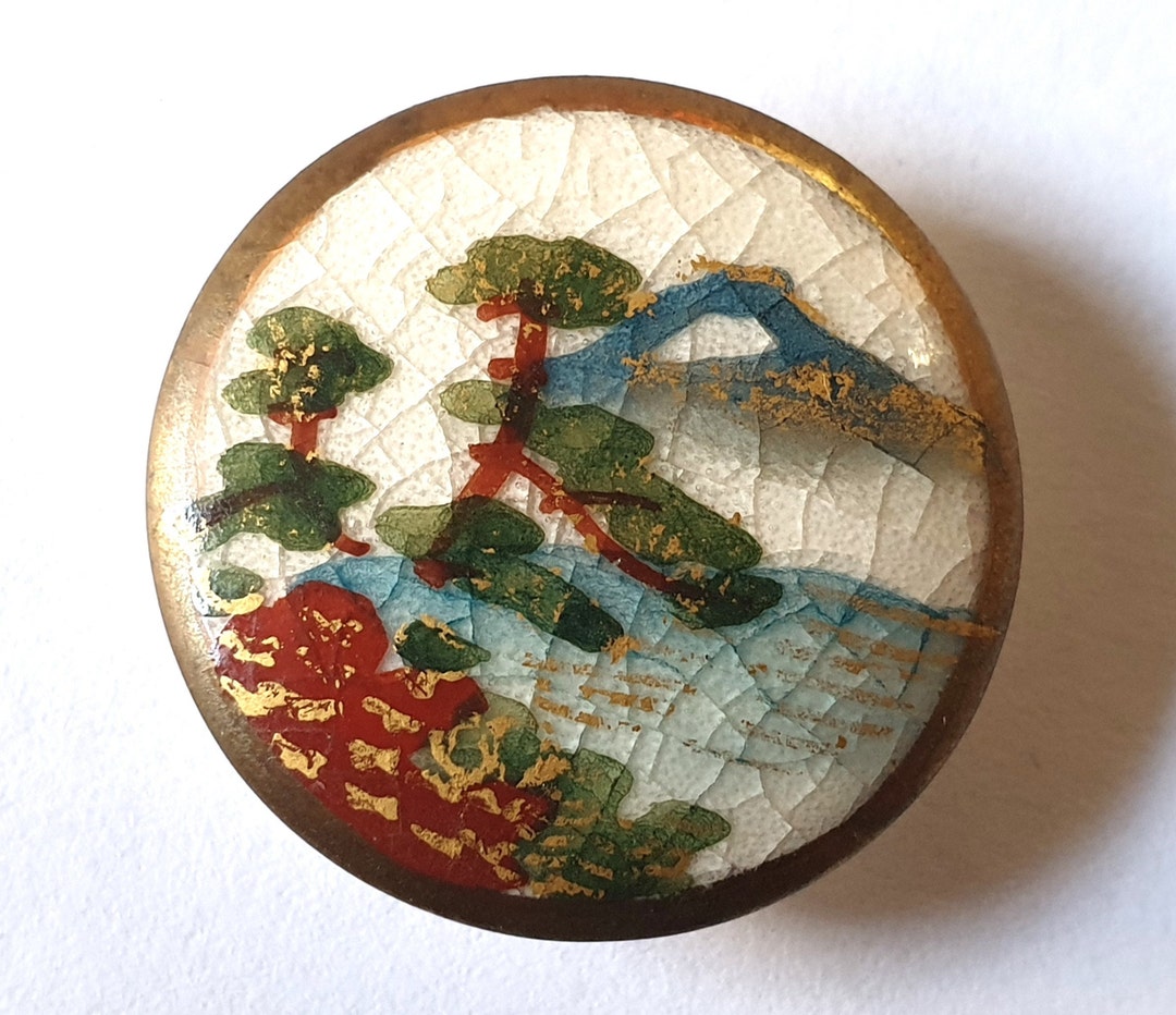 Japanese Satsuma Ceramic Button With Panorama of Flowers, Trees and a ...