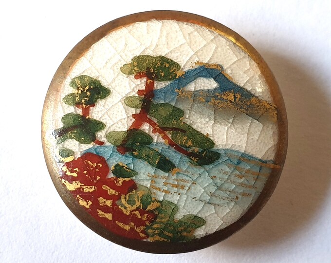 Japanese Satsuma Ceramic Button With Panorama of Flowers, Trees and a ...