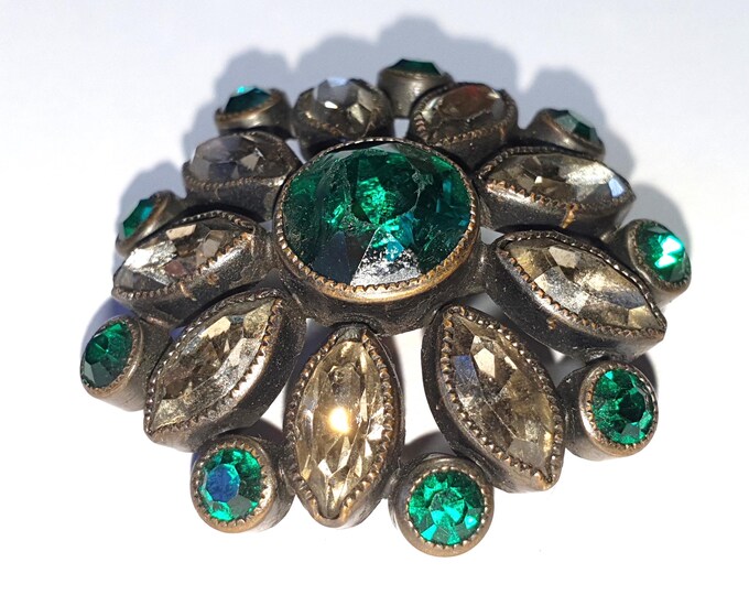 Stunning Green and White Paste Button in Brass Jewellers Mount. 1890s. Flower and Petals Pattern ...