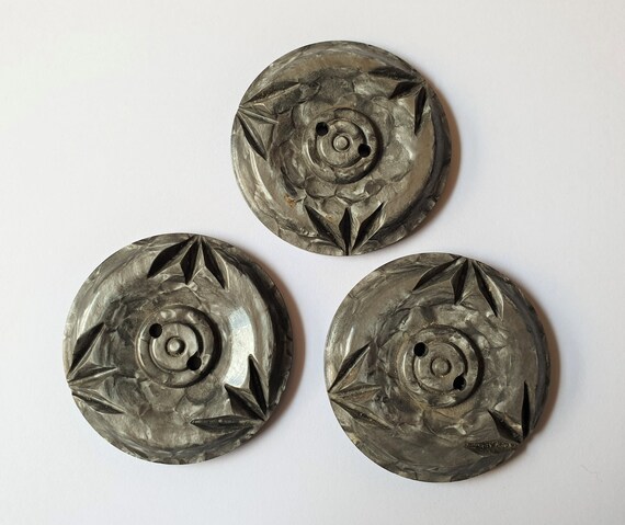 3 Very Large Rare Grey Art Deco Bakelite Buttons With Carved - Etsy