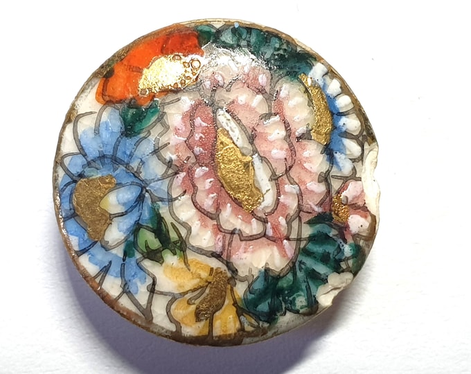 1880s Japanese Satsuma Ceramic Button With Multicoloured Floral Pattern ...