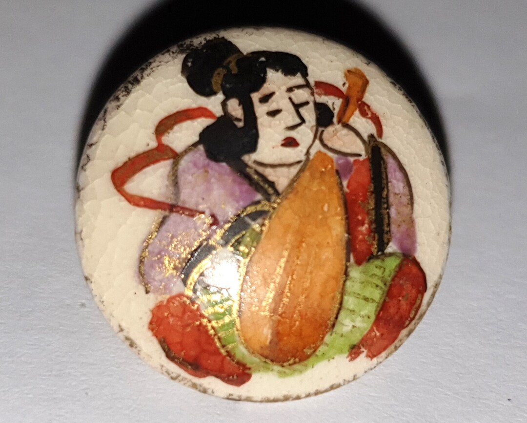 1 1880s Japanese Satsuma Ceramic Button. Japanese Lady With Musical ...