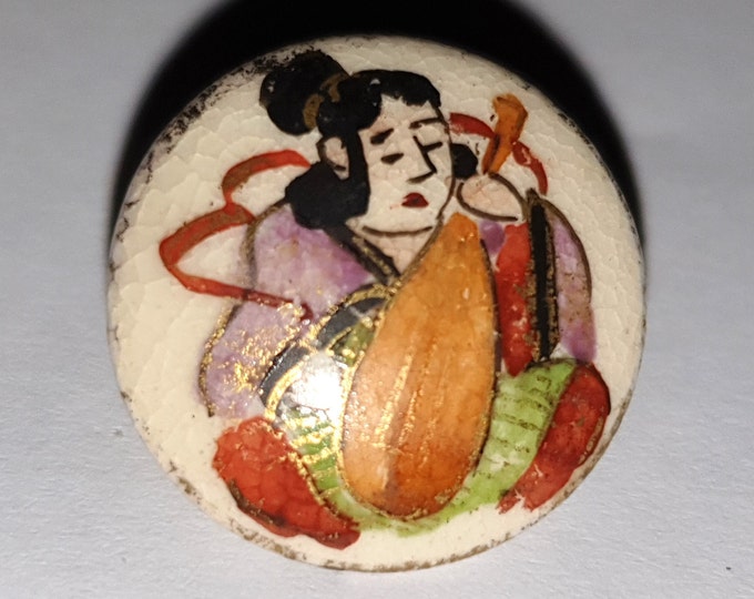 Japanese Satsuma Ceramic Button. Japanese Lady With Musical Instrument ...