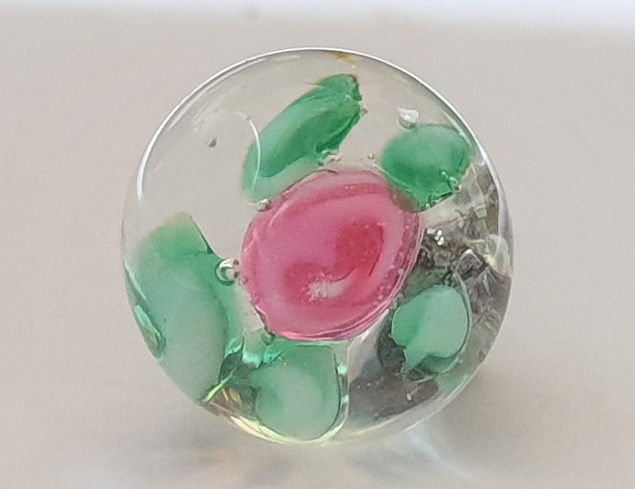 1 Clear Glass Paperweight Button With Pink Flower and Green - Etsy