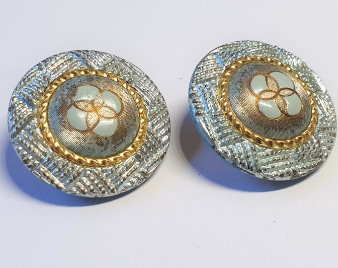 2 Cold Painted Seamed Enamel Antique Buttons Turquoise, Gold Rope Inner ...