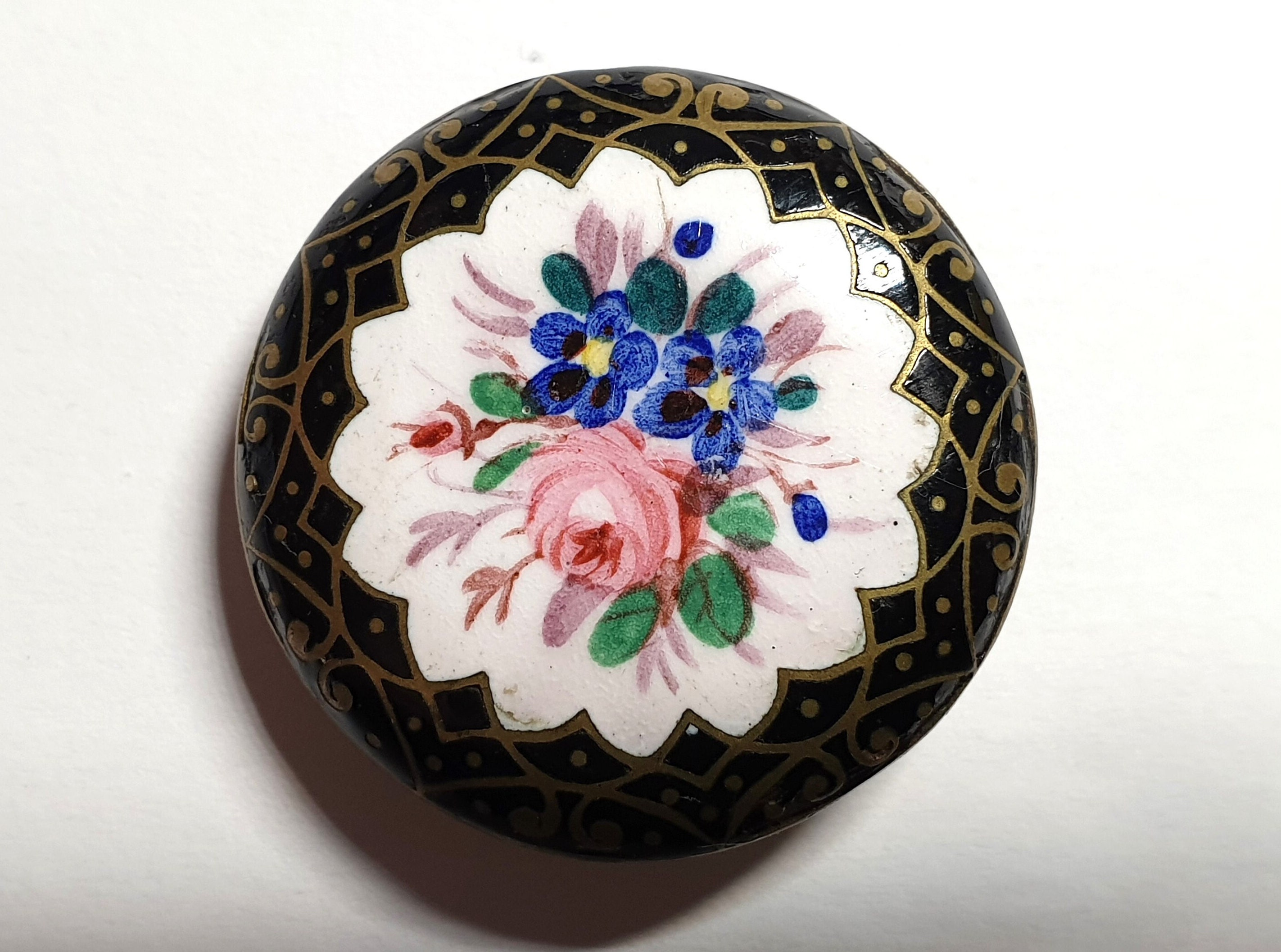 Champlevé Enamel Stud Button on Brass. Black and Gold Border. White ...