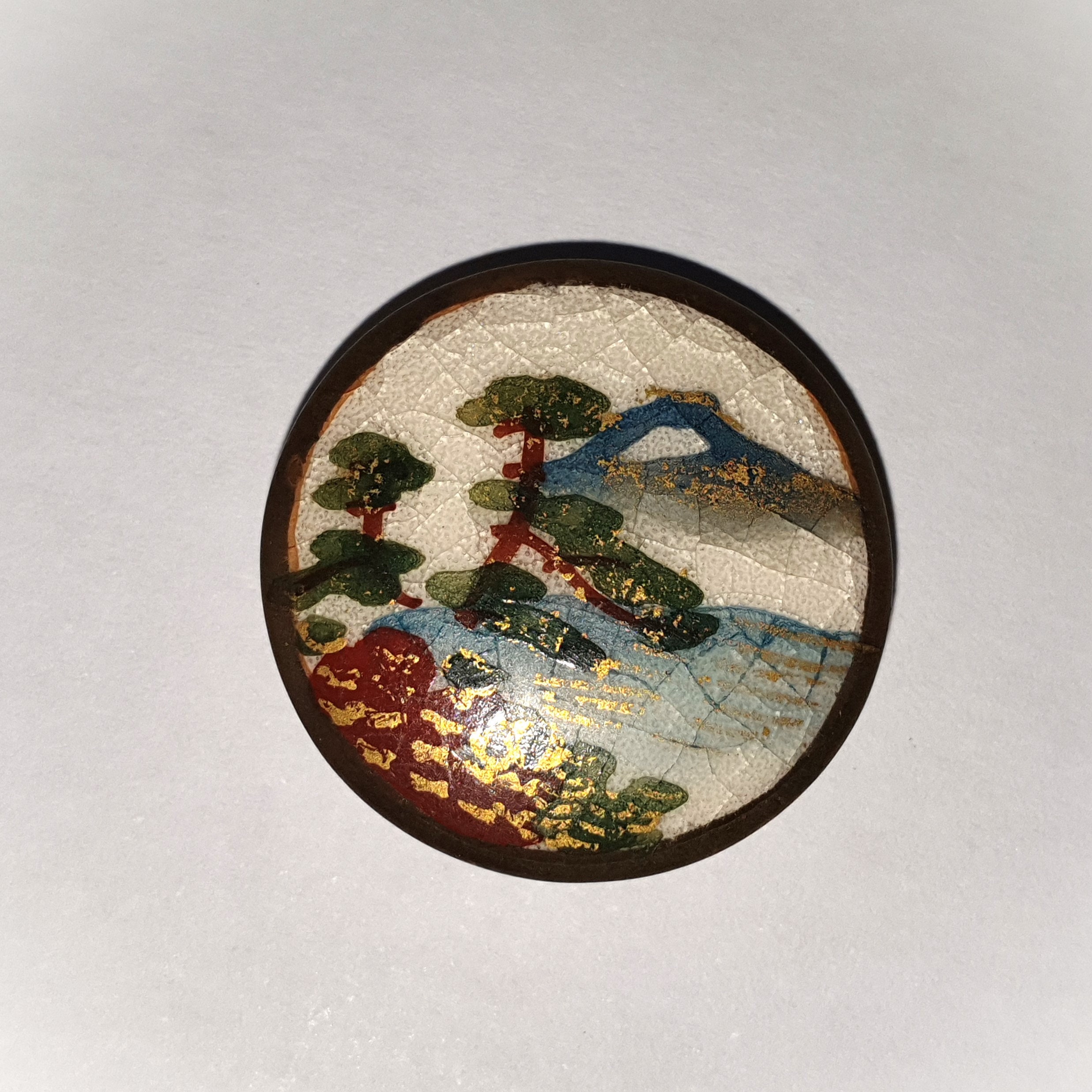 Japanese Satsuma Ceramic Button With Panorama of Flowers, Trees and a ...
