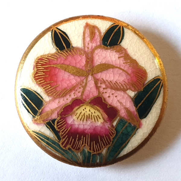 Japanese Satsuma Ceramic Button With Panorama of Flowers, Trees and a ...