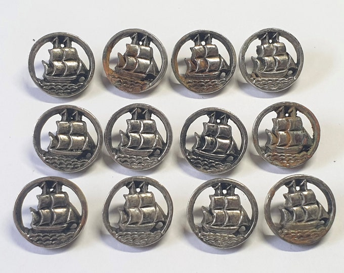 12 White Metal Galleon Ship Buttons. Cut Design in a Circle of Metal ...