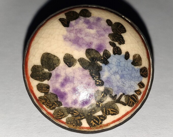 Japanese Satsuma Ceramic Button With Panorama of Flowers, Trees and a ...