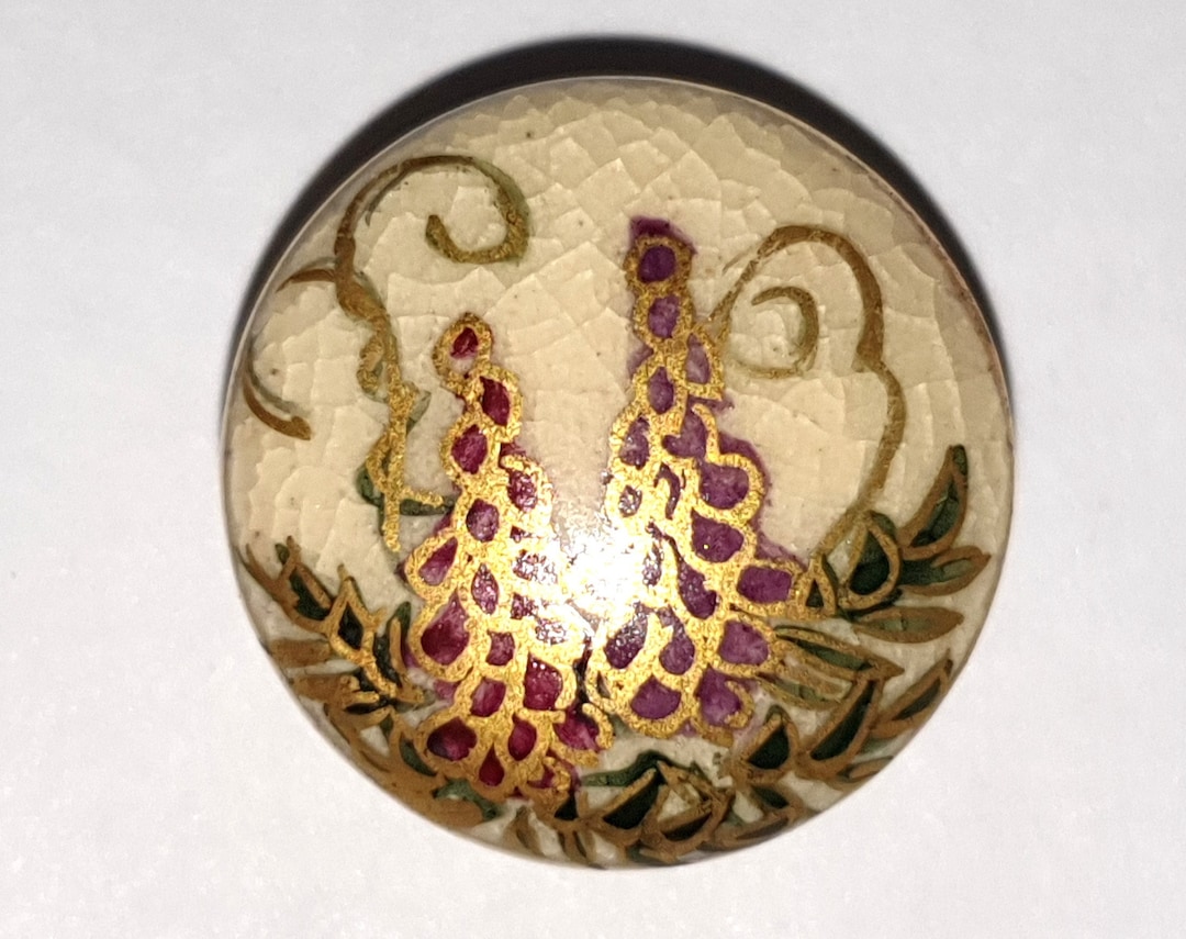 1 Small 1880s Japanese Satsuma Ceramic Button Featuring 2 Plants and ...