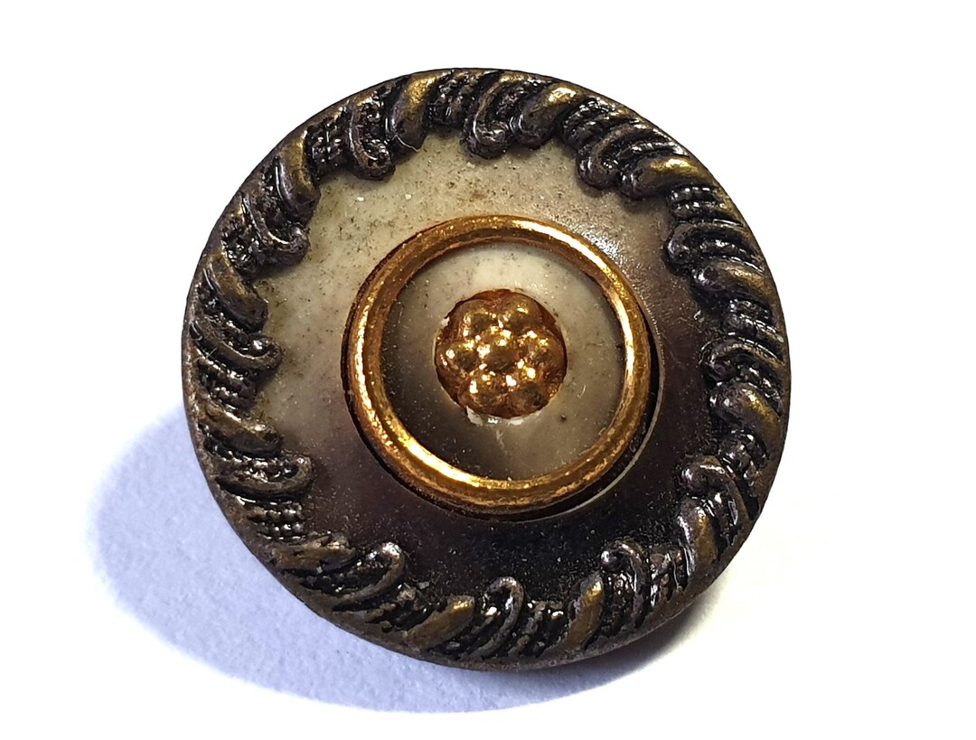 1800s Seamed Metal Waistcoat Button Inlaid With Celluloid and Gold With ...
