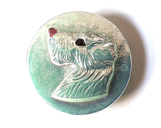 Czech Glass Dog Button. Reflective Silvery Green Front Featuring a ...