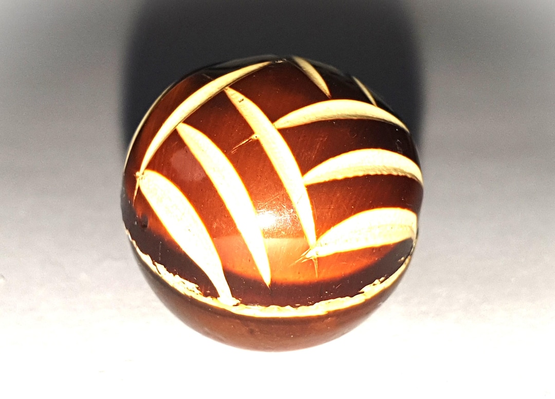 Button: Art Deco, Spherical, Carved Brown Celluloid Button, Cream ...
