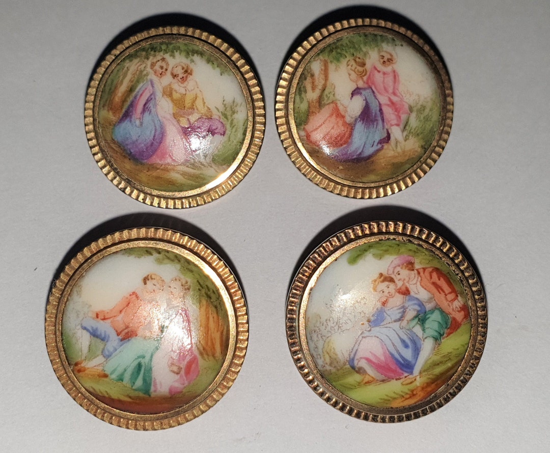 4 Brass Antique Picture Buttons Depicting Country Scenes With Couple ...