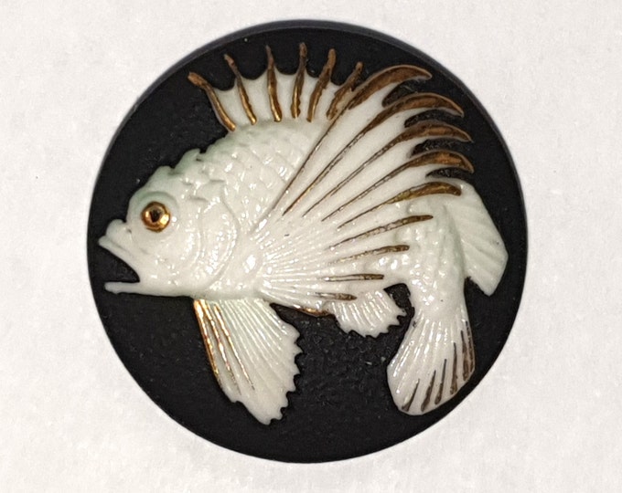 Rare Koi Carp Japanese Signed Arita Button. Black Porcelain. White Fish ...