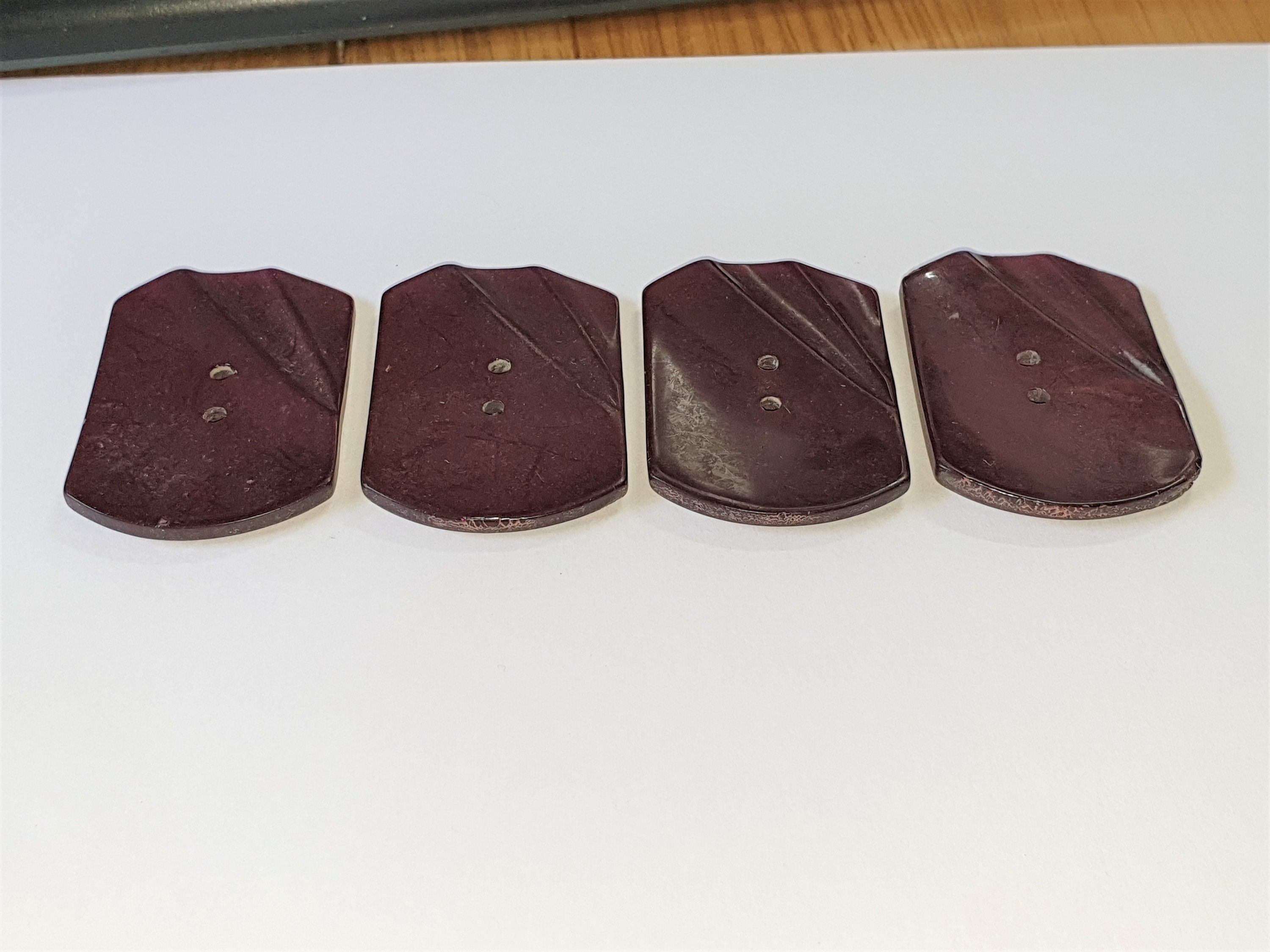 4 Large Art Deco Lozenge Shaped Buttons. Deep Red With Grooves to One ...