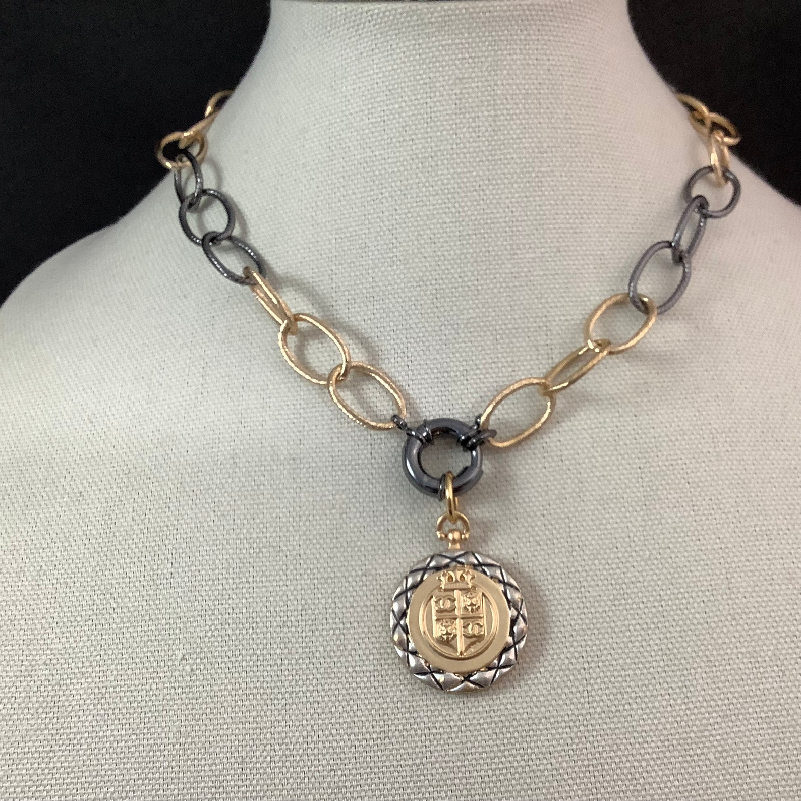Medallion Necklace|crest Pendant| Gold and Gunmetal Chain - Etsy