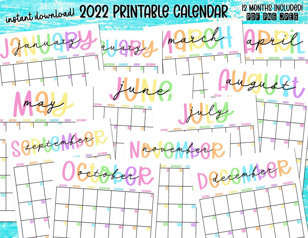 2022 Rainbow Monthly Calendar Printable Calendar Monthly - Etsy