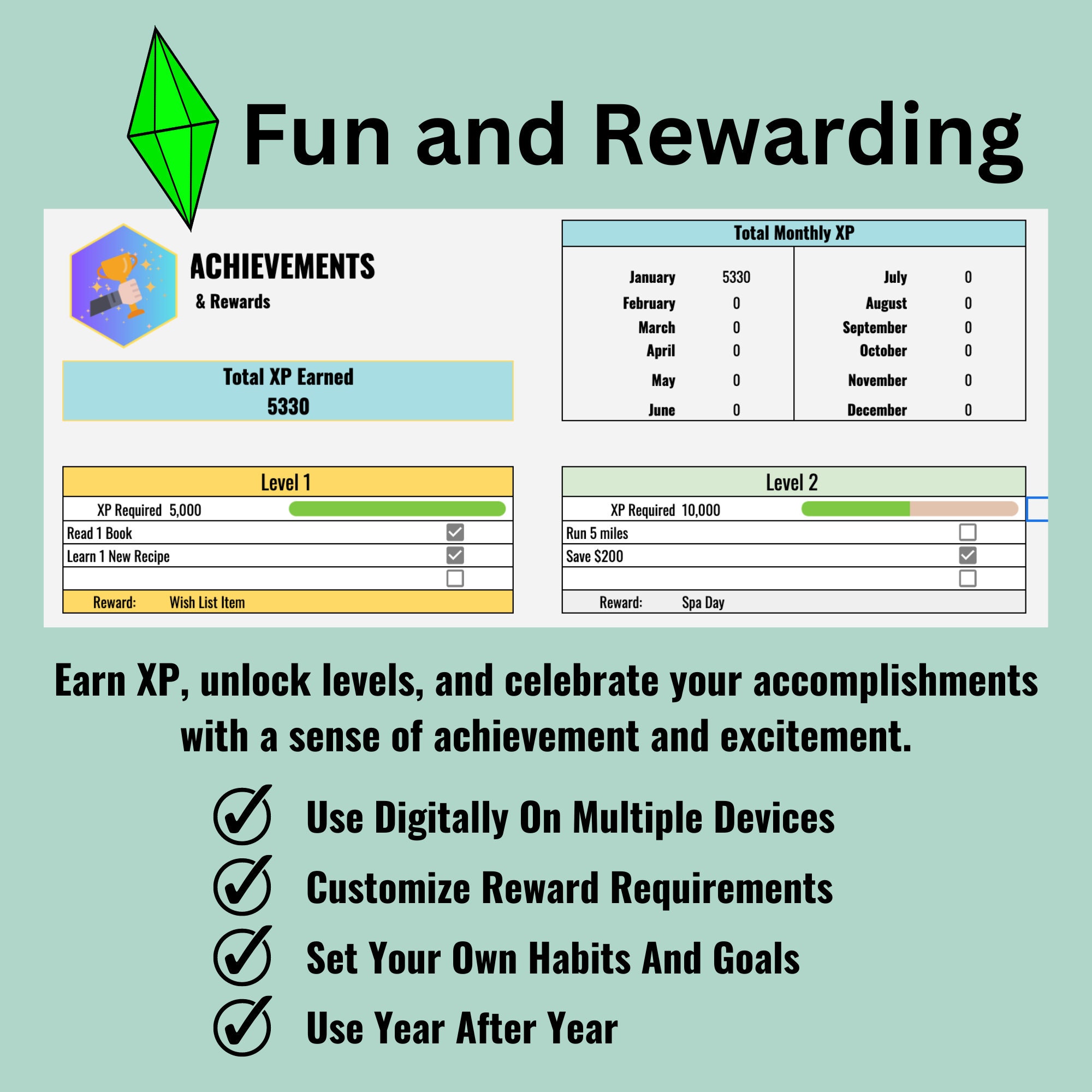 Google Sheets Habit Tracker, Gamified Chore Chart With Sims Theme, ADHD ...