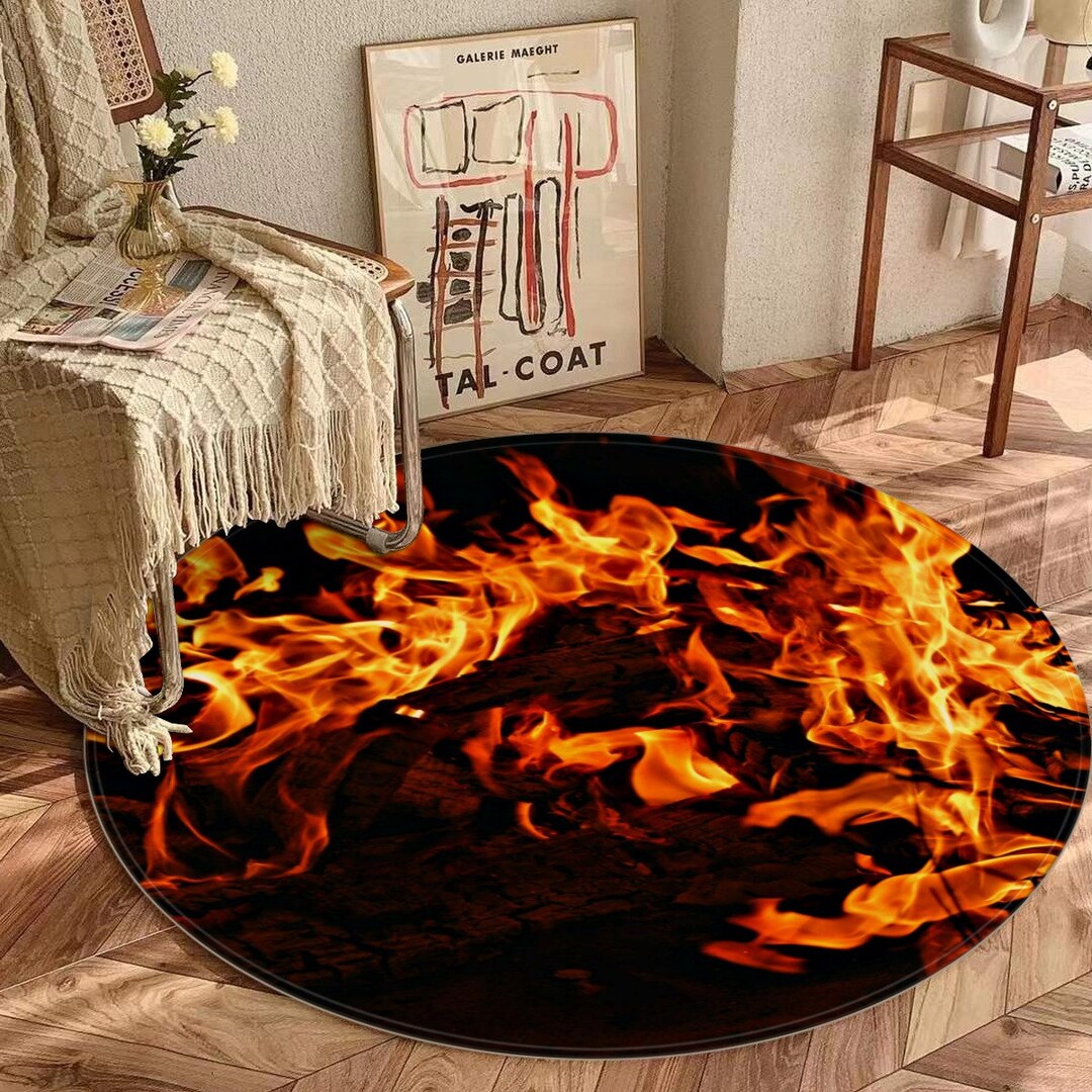 60 Fire Flames Chenille Round Area Rug Housewarming Christmas Halloween ...