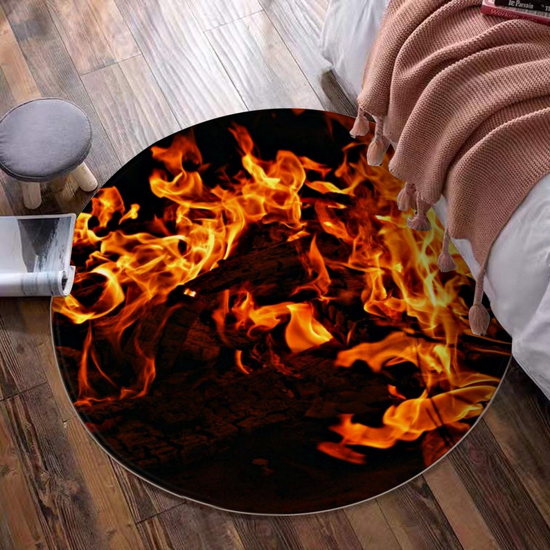60 Fire Flames Chenille Round Area Rug Housewarming Christmas Halloween ...