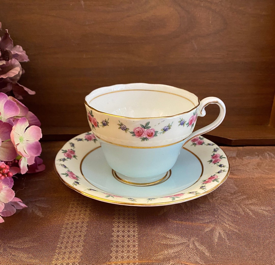 Aynsley Baby Blue and Roses Teacup and Saucer - Etsy