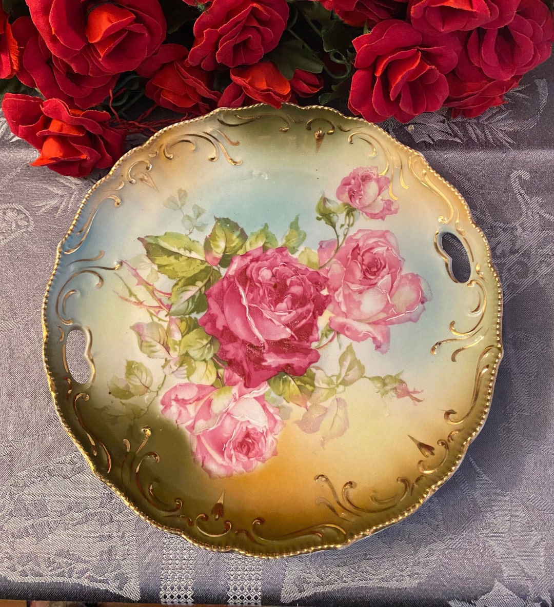 Hand Painted German Roses With Gold Bead Edging Cake Plate - Etsy
