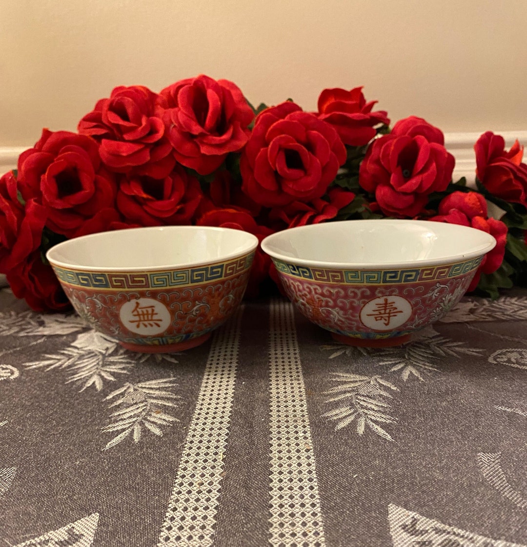 Pair of Red Oriental Rice Bowls - Etsy