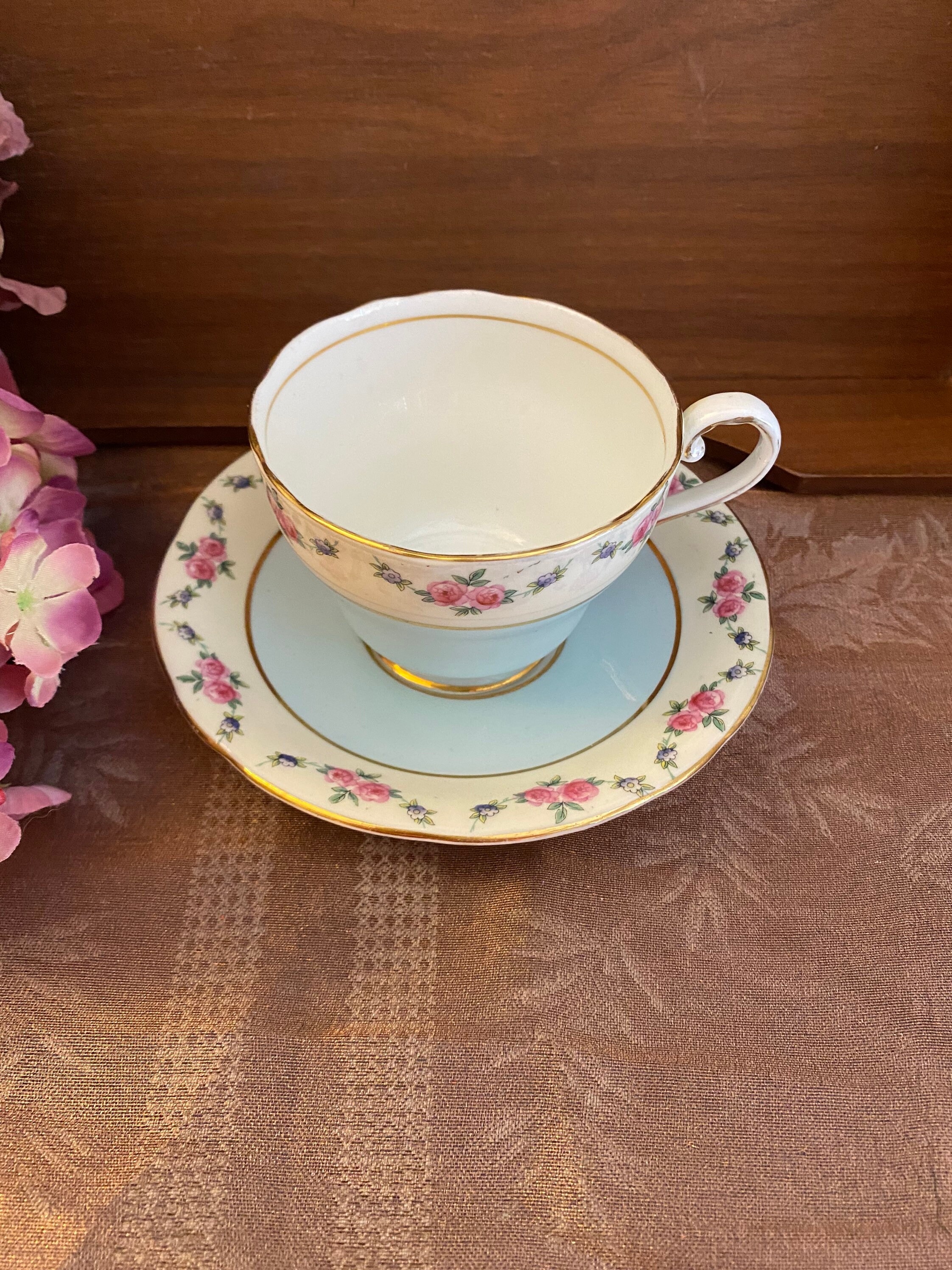 Aynsley Baby Blue and Roses Teacup and Saucer - Etsy