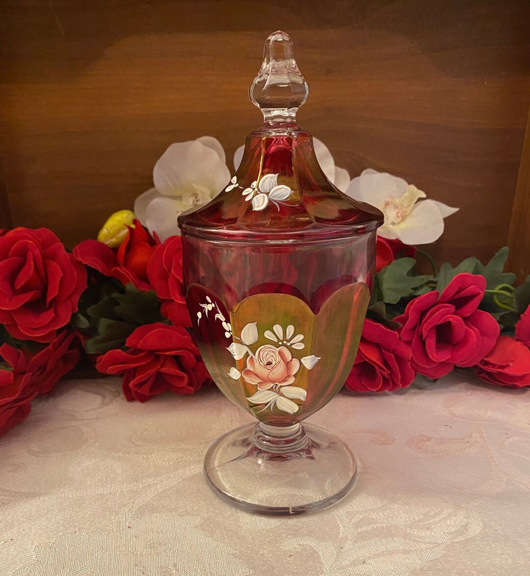 Hand Painted Red Glass Lidded Jar - Etsy