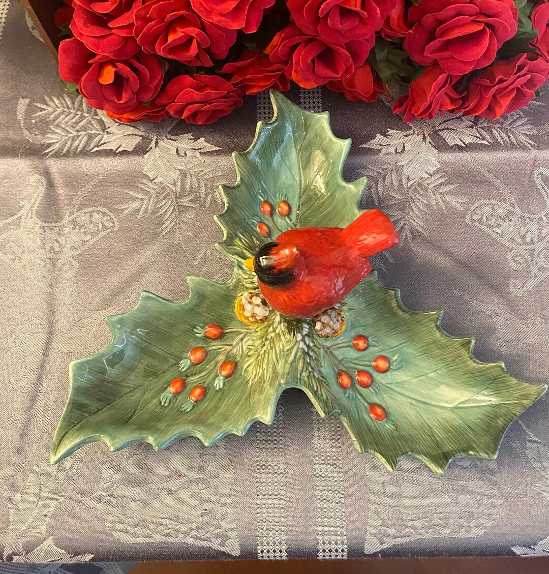 Vintage Christmas Cardinal Candy Dish, Holly Leaf Design - Etsy