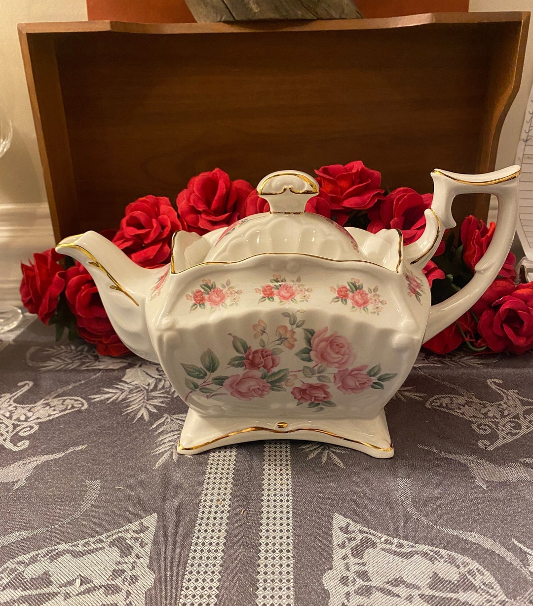 Crown Dorset Pink Rose Square Teapot - Etsy