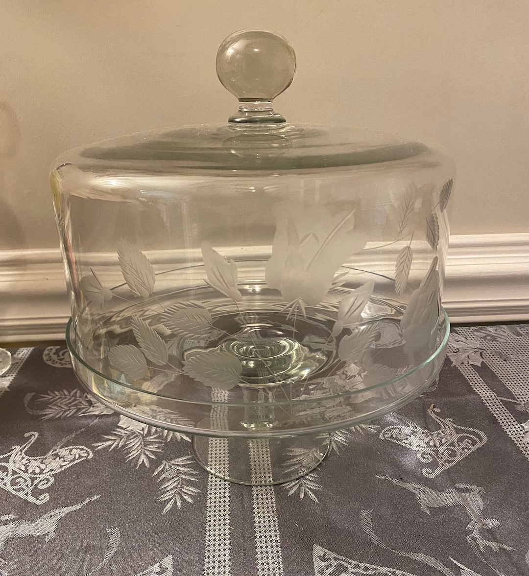 Vintage Pedestal Floral Etched Glass Cake Stand - Etsy