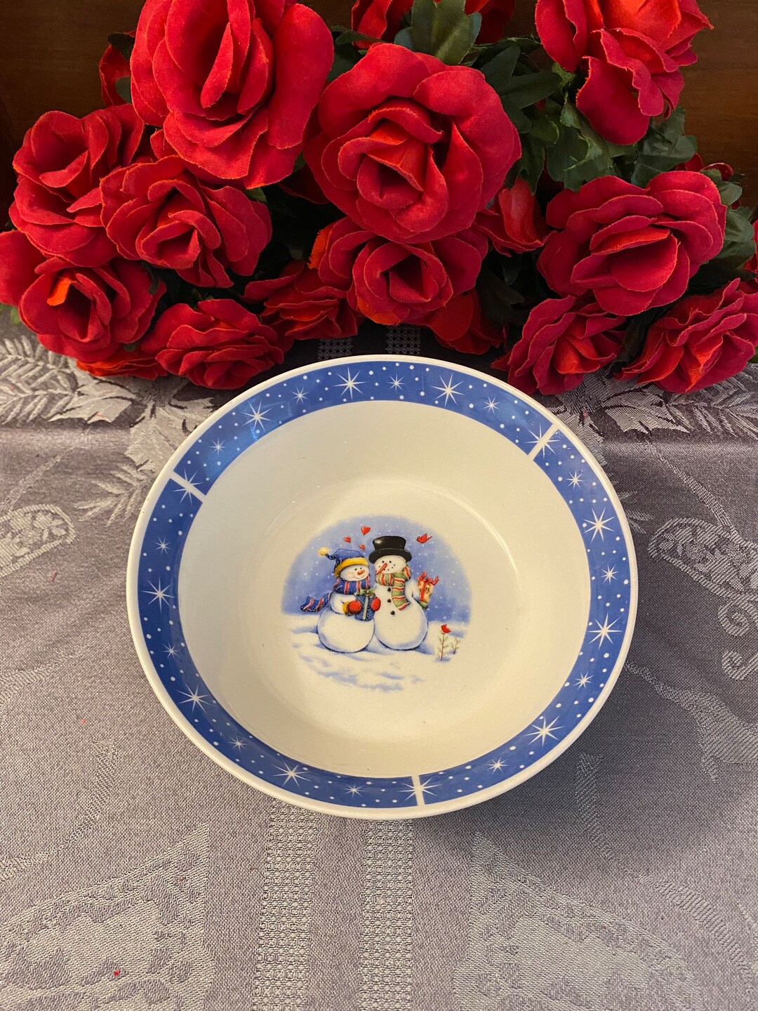 Snowman Cereal Bowl With Blue Edge - Etsy