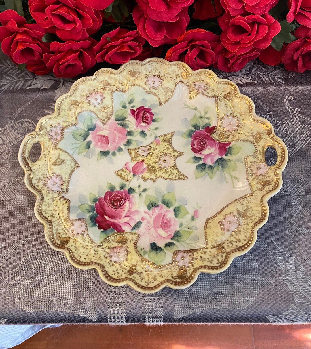 Decorative Cake Plate, Hand Painted Nippon Roses With Heavy Gold Gilt ...
