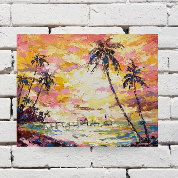 Hawaii Original Art Ocean Painting Sunset Artwork Palm Trees Painting ...