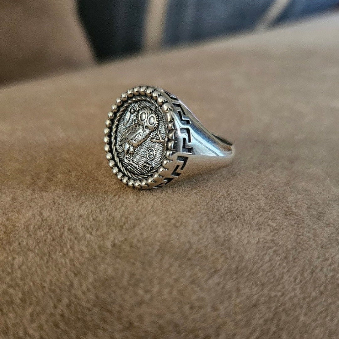 Handmade Silver Signet Ring With Athena Owl Coin Replica - Etsy
