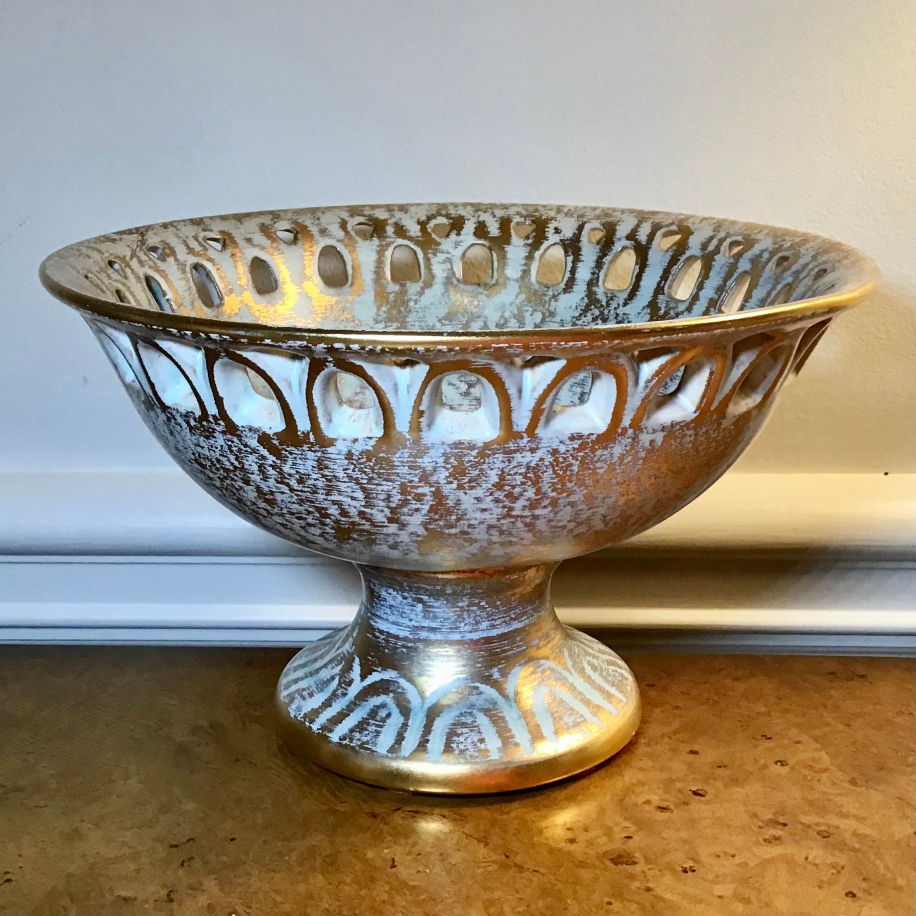 MCM Vintage Stangl Footed Bowl With Antiqued Gold Brushed - Etsy
