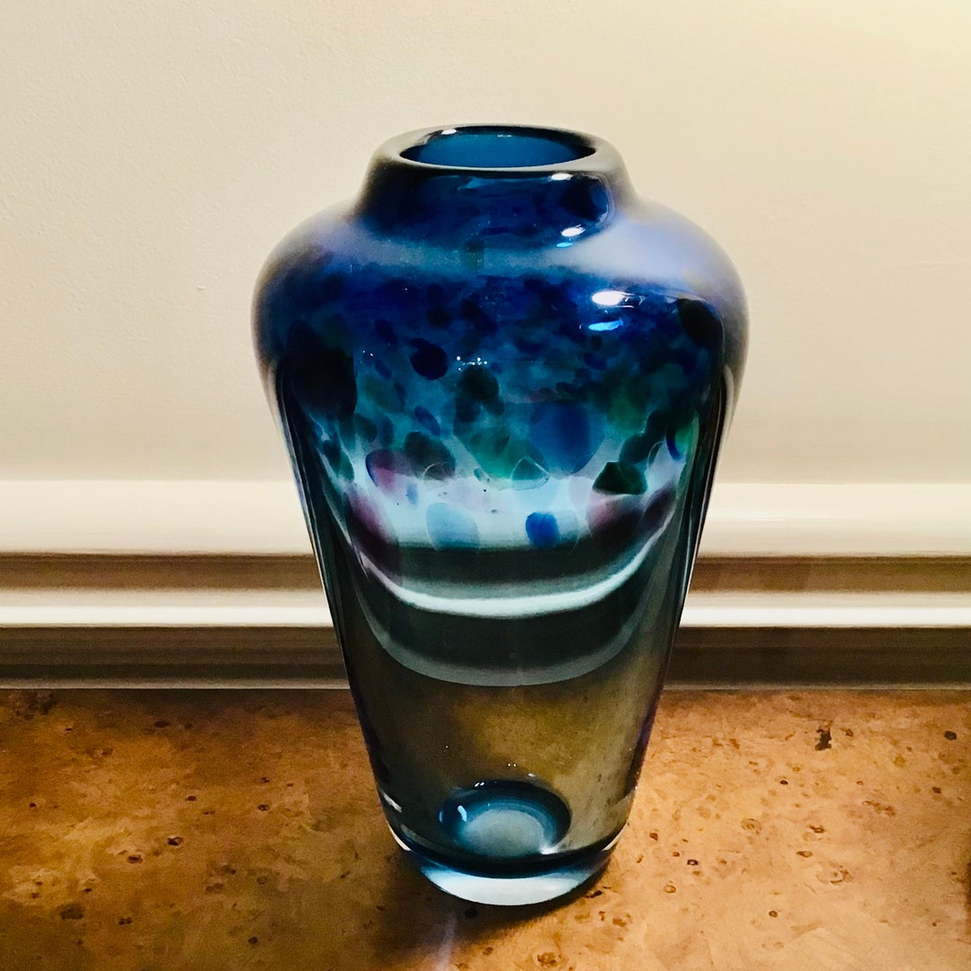 Michael Stanton Art Glass Confetti Glass Vase, Deep Blue With Spots of ...