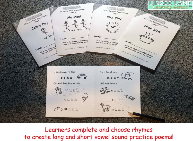 10 Printable Phonics Rhyming Workbooks, Short Vowel Sounds and Long ...