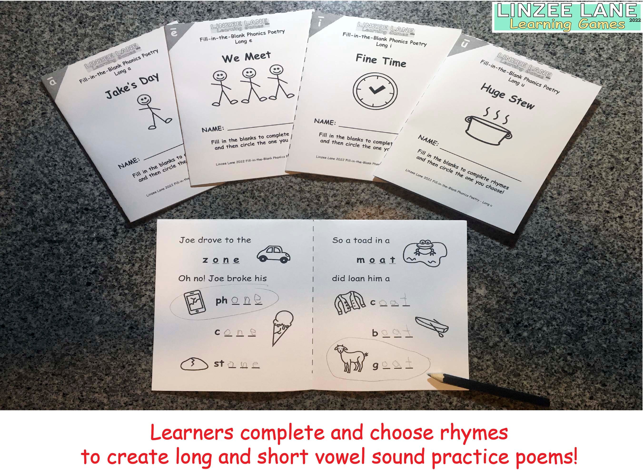 10 Printable Phonics Rhyming Workbooks, Short Vowel Sounds and Long ...
