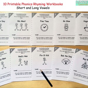 10 Printable Phonics Rhyming Workbooks, Short Vowel Sounds and Long ...